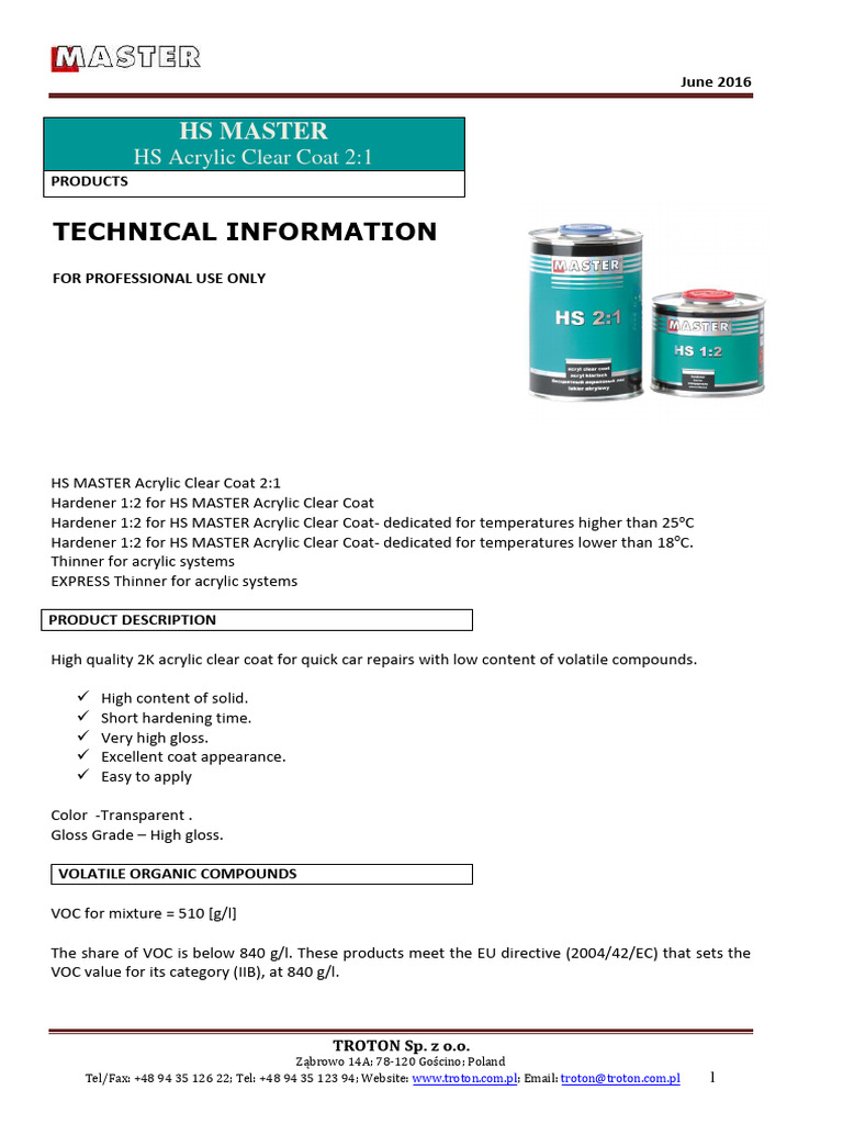 HS Master Acrylic Clear Coat Guide | PDF | Volatile Organic Compound ...