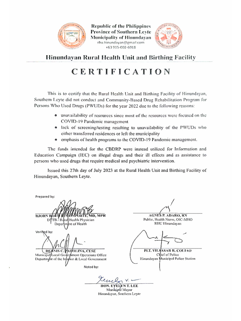 CBDRP Certification Hinundayan | PDF