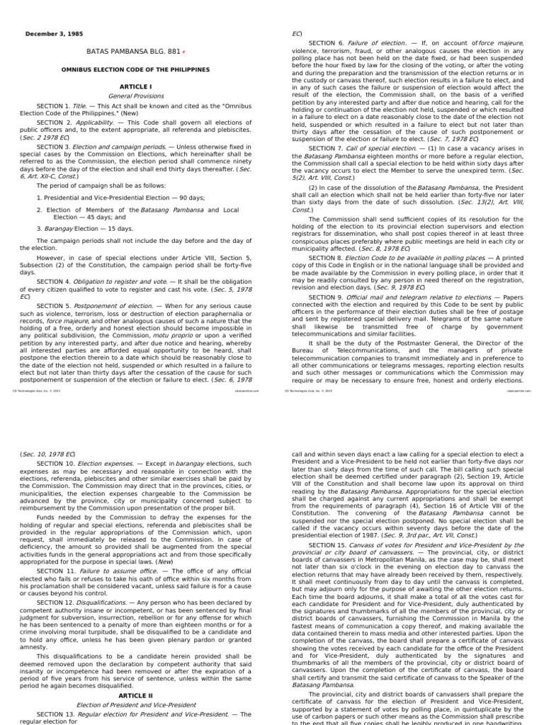 Batas Pambansa Blg. 881 - Omnibus Election Code of The Philippines ...