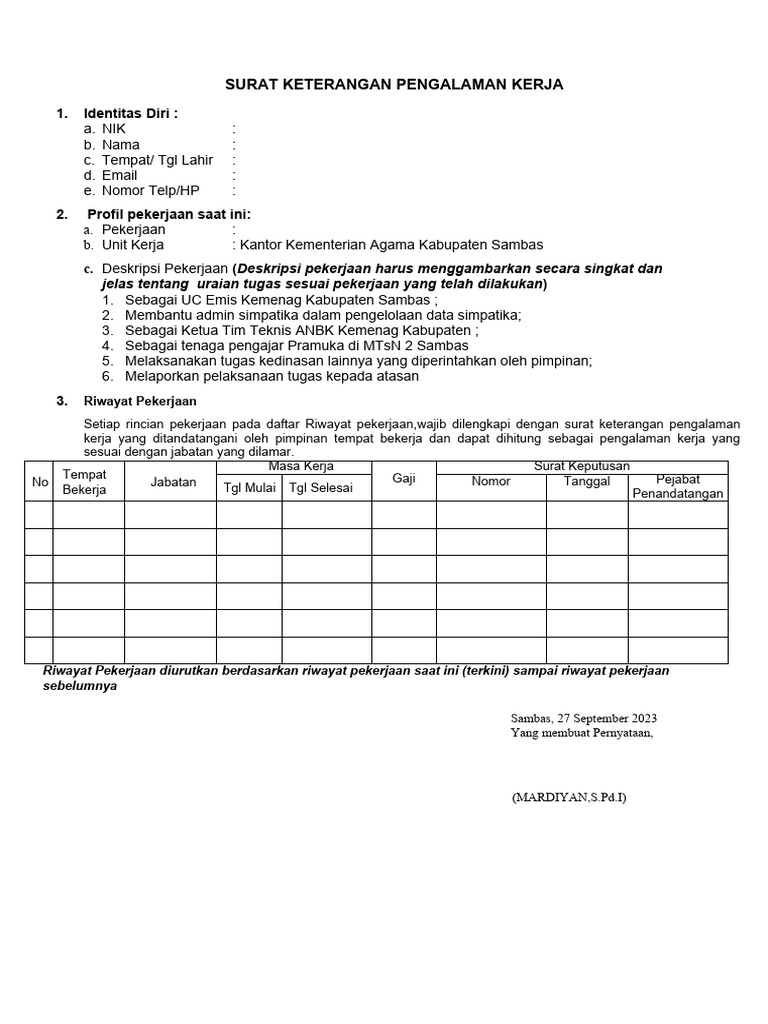 Surat Keterangan Pengalaman Kerja Kemenag | PDF