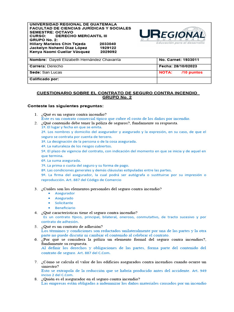 2 +CUESTIONARIO+No +2+SEGURO+CONTRA+INCENDIO | PDF | Póliza de seguros | Seguro