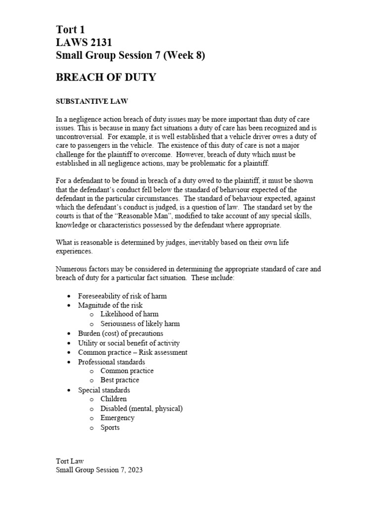 laws-2131-tutorial-7-breach-of-duty-2023-pdf-duty-of-care