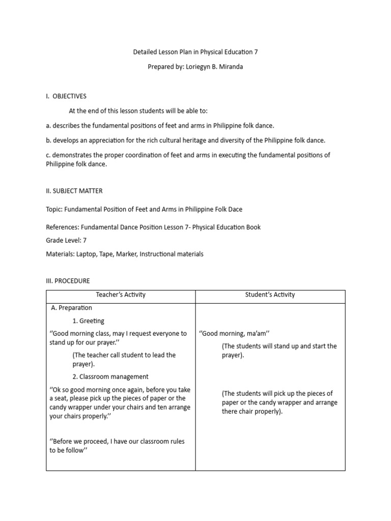 Philippine Folk Dance Lesson Plan | PDF