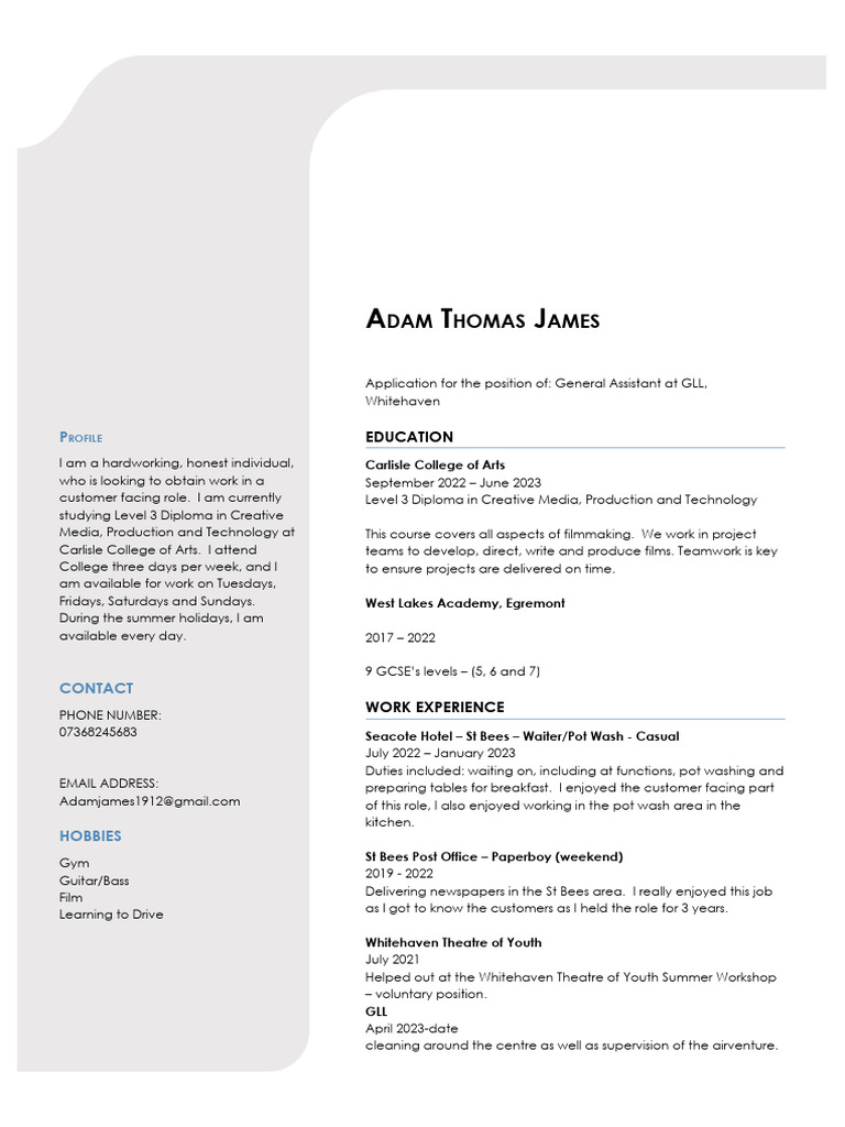 Adam Thomas James CV | PDF
