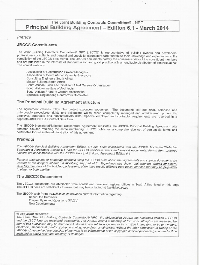 JBCC - Principal Building Agreement - Edition 6.1 - March 2014 | PDF