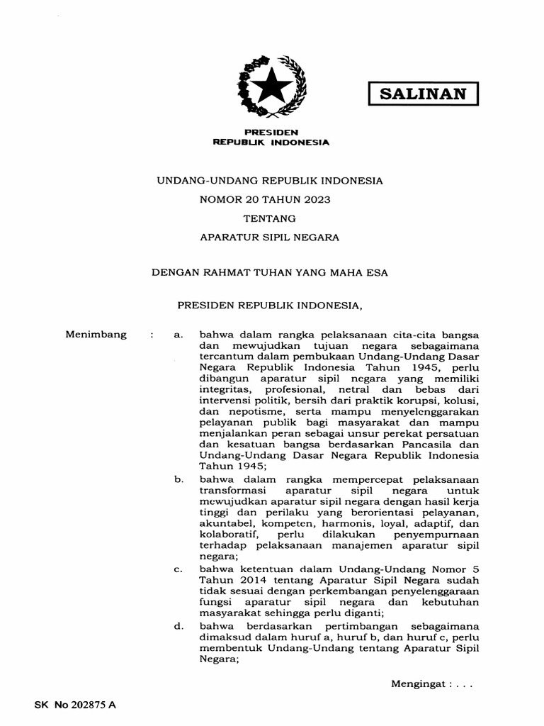 UU No 20 Tahun 2023 tentang ASN | PDF