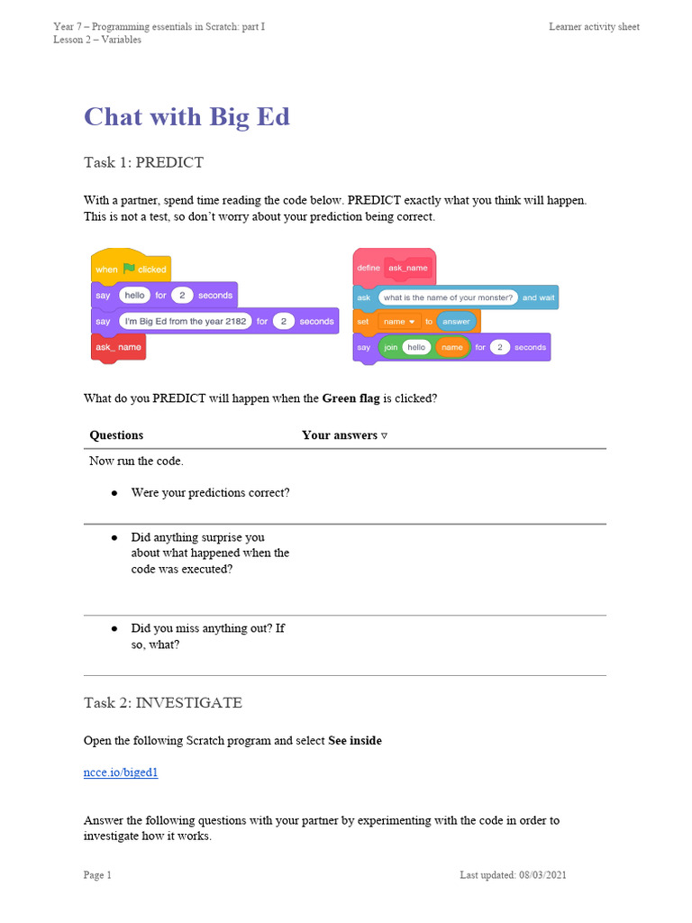 L2 - A2 Worksheet - Chat With Big Ed | Download Free PDF | Cognitive ...