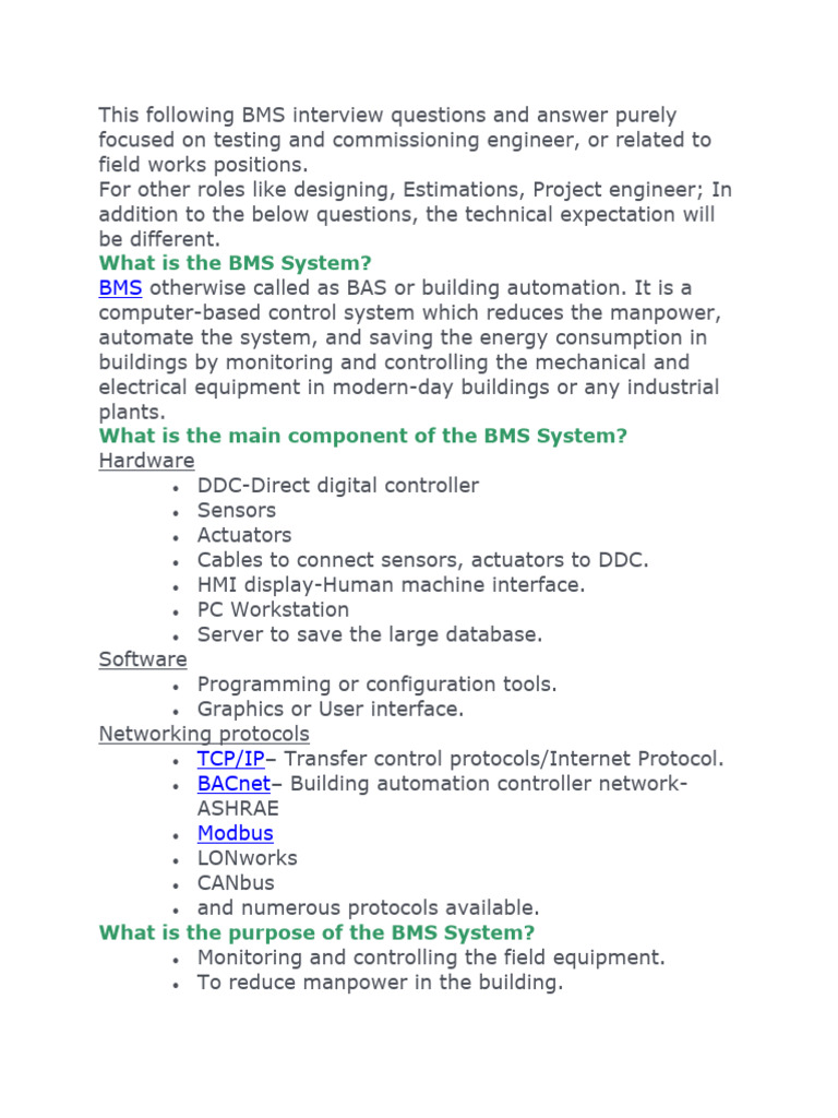 This Following BMS Interview Questions and Answer Purely Focused On ...