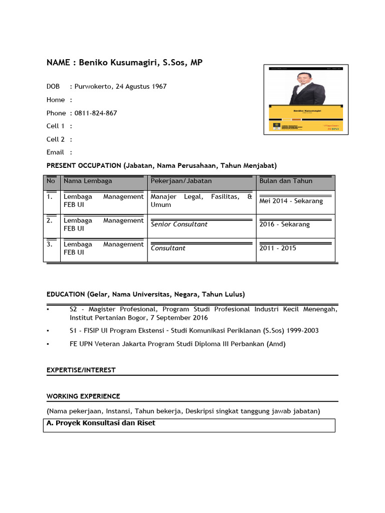 Format CV - LM FEB UI - BENIKO KUSUMAGIRI | PDF