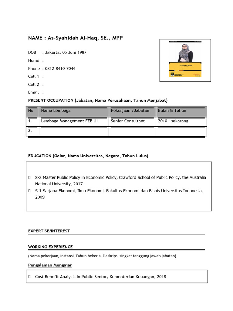 Format CV - LM Feb Ui - Asyahida Al Haq | PDF | Economies