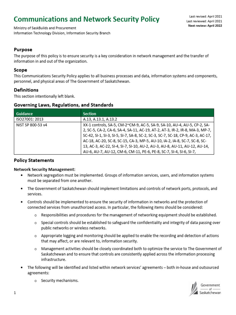 Saskatchewan Network Security Policy | PDF | Information Security | Computer Network