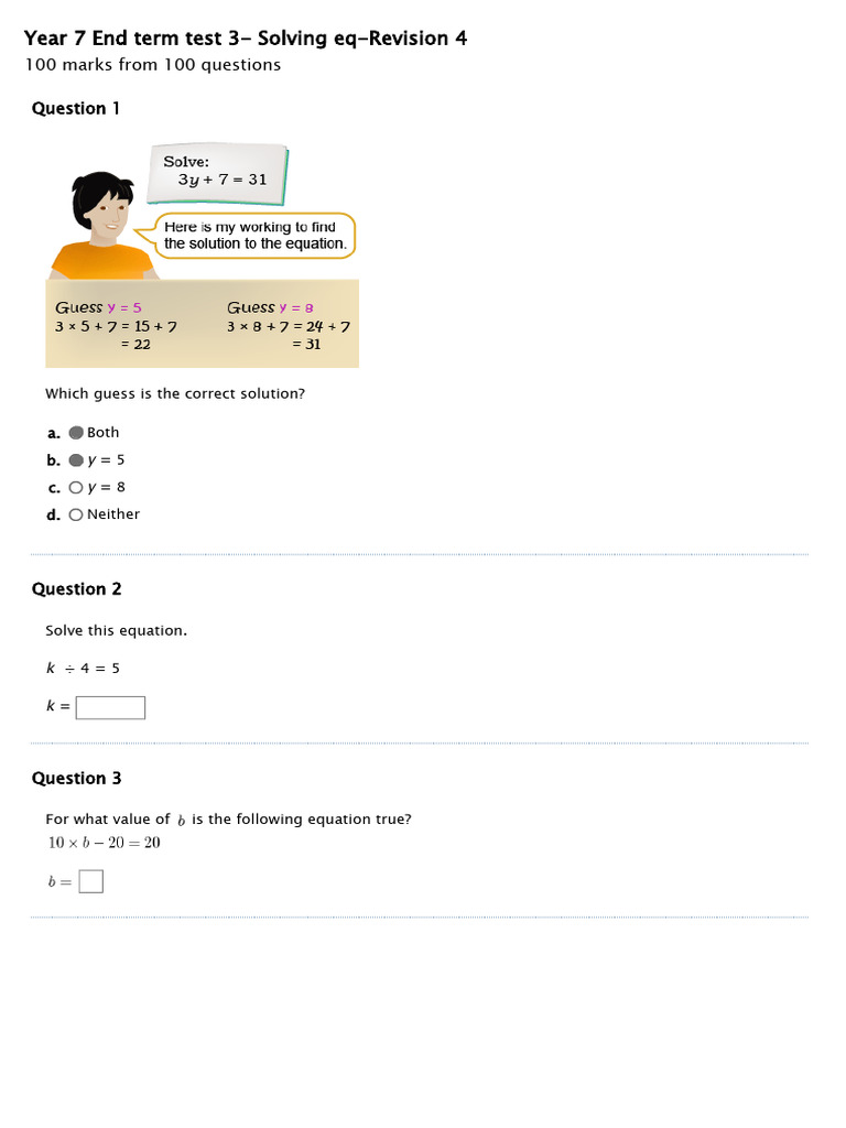 Solving Equations: Year 7 Test Review | PDF | Teaching Methods & Materials