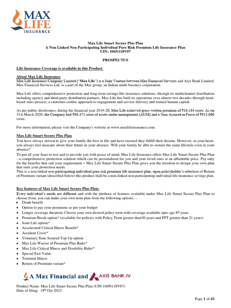 Max Life Smart Secure Plus Plan Prospectus | PDF | Insurance | Money