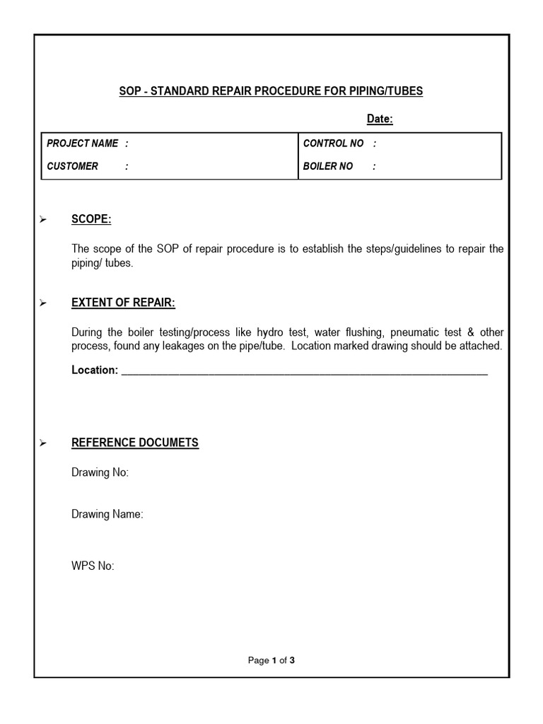 SOP - Standard Repair Procedure For Piping | PDF | Pipe (Fluid ...
