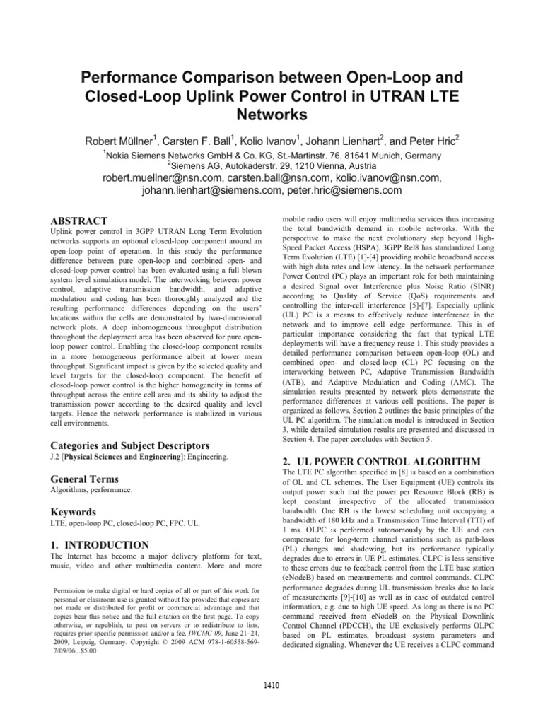 Performance Comparison Between Open-Loop and Closed-Loop Uplink Power Control in UTRAN LTE ...