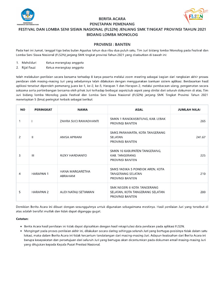 Berita Acara Lomba Monolog | PDF
