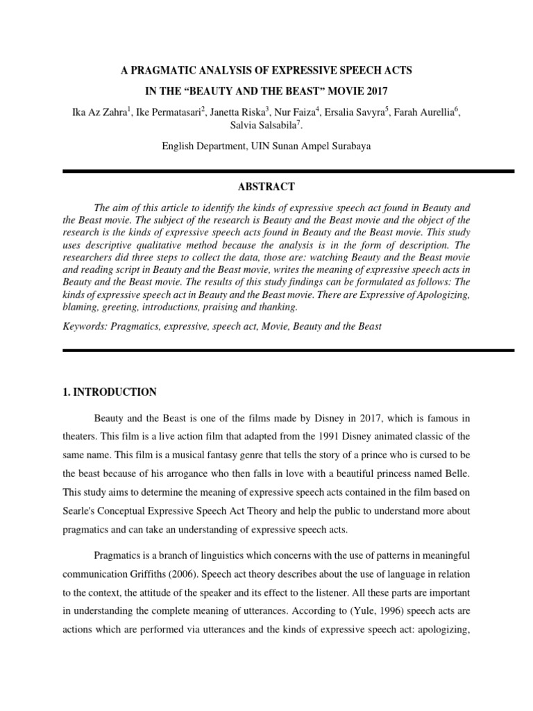 A Pragmatic Analysis of Expressive Speech Acts in Beauty and The Beast ... A Pragmatic Analysis of Expressive Speech Acts in Beauty and The Beast ...