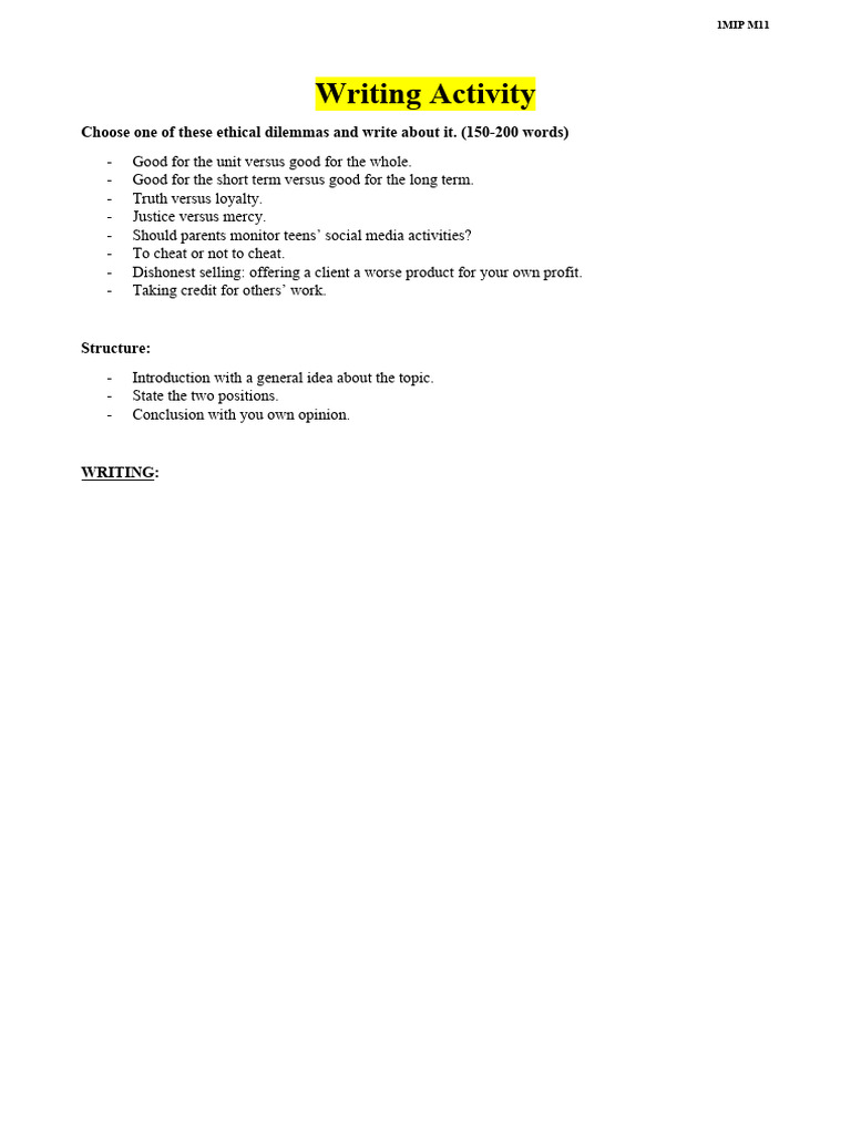 Ethical Dilemmas Writing Activity | PDF | Self-Improvement
