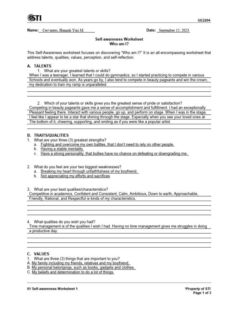 Self Awareness Worksheet | PDF | Self Awareness | Psychology