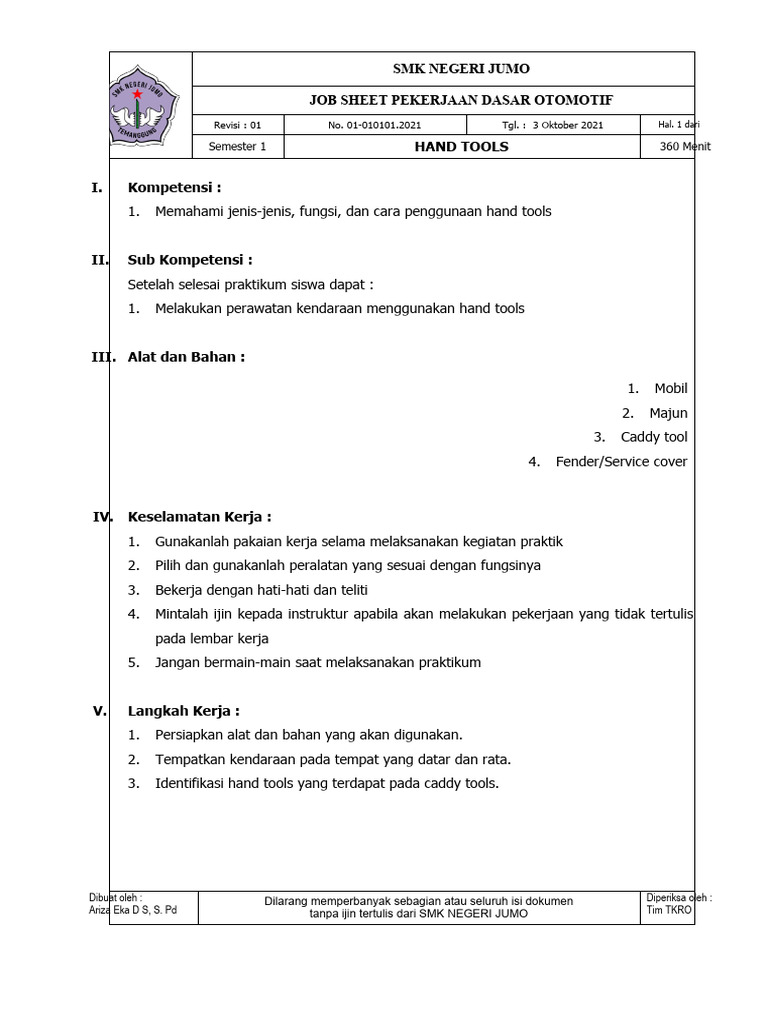 01-Jobsheet Hand Tools | PDF