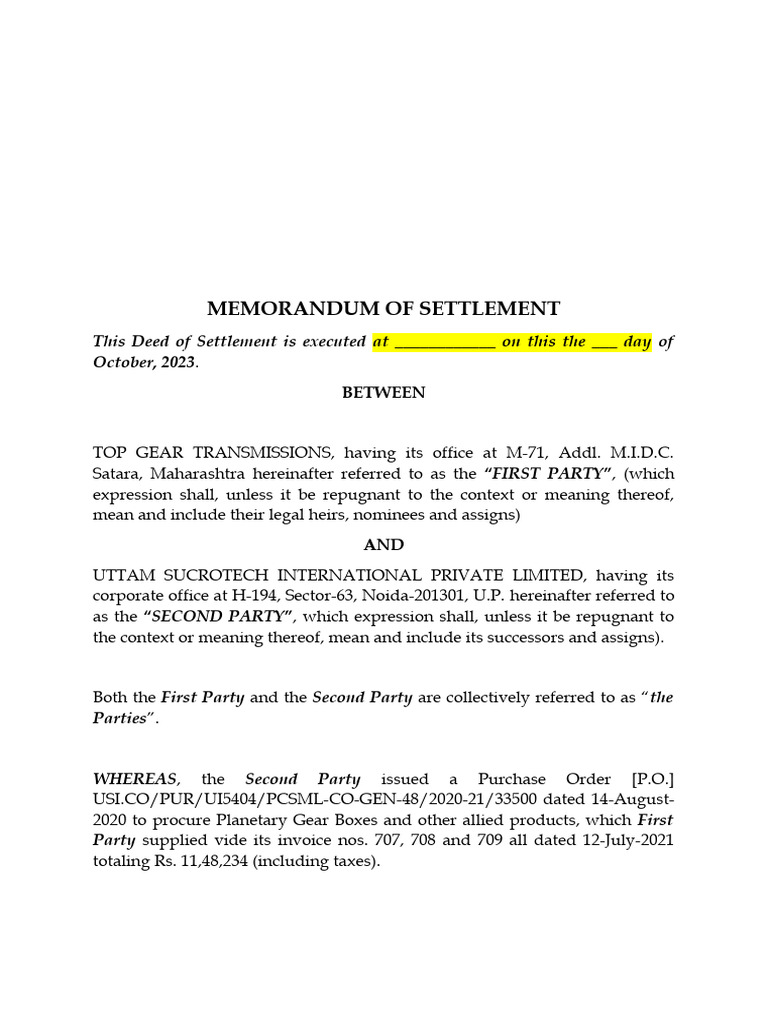 MEMORANDUM OF SETTLEMENT - Top Gear | PDF | Private Law | Justice