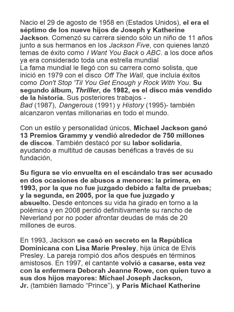 Vida y legado de Michael Jackson | PDF | Michael Jackson | Musica Popular