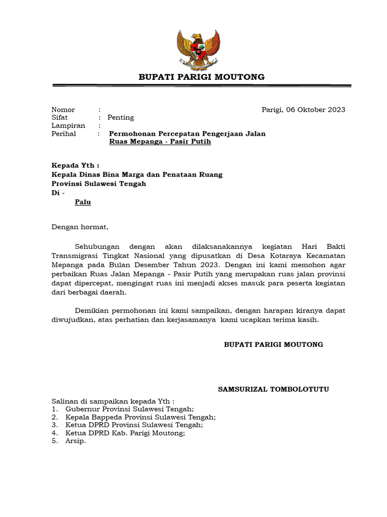 Surat Permohonan Percepatan JLN | PDF