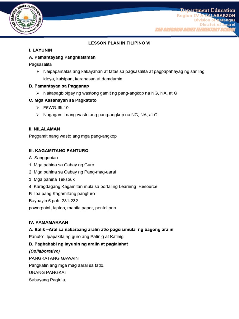 DAILY LESSON PLAN IN FILIPINO VI COT 2020 | PDF