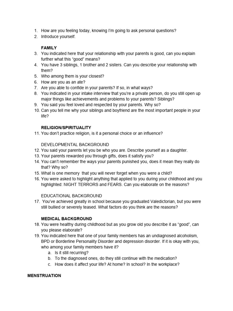 Interview Questions | PDF | Borderline Personality Disorder | Sibling