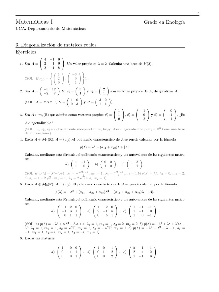 Ejercicios Diagonalizacion Matrices en | PDF | Valores propios y vectores propios | Álgebra