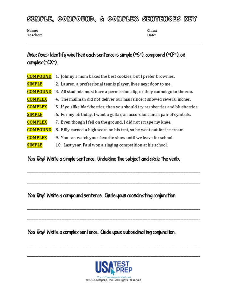 Compound Complex Simple Sentence Key | PDF | Syntax | English Grammar