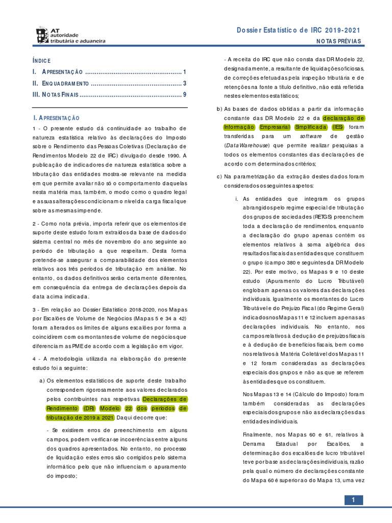 Dossier Estatistico IRC 2019 2021 | PDF | Impostos | Contabilidade