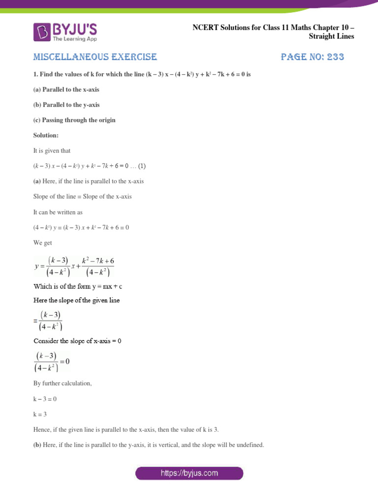 NCERT Solutions For Class 11 Maths Chapter 10 Straight Lines Miscellaneous Exercise | PDF