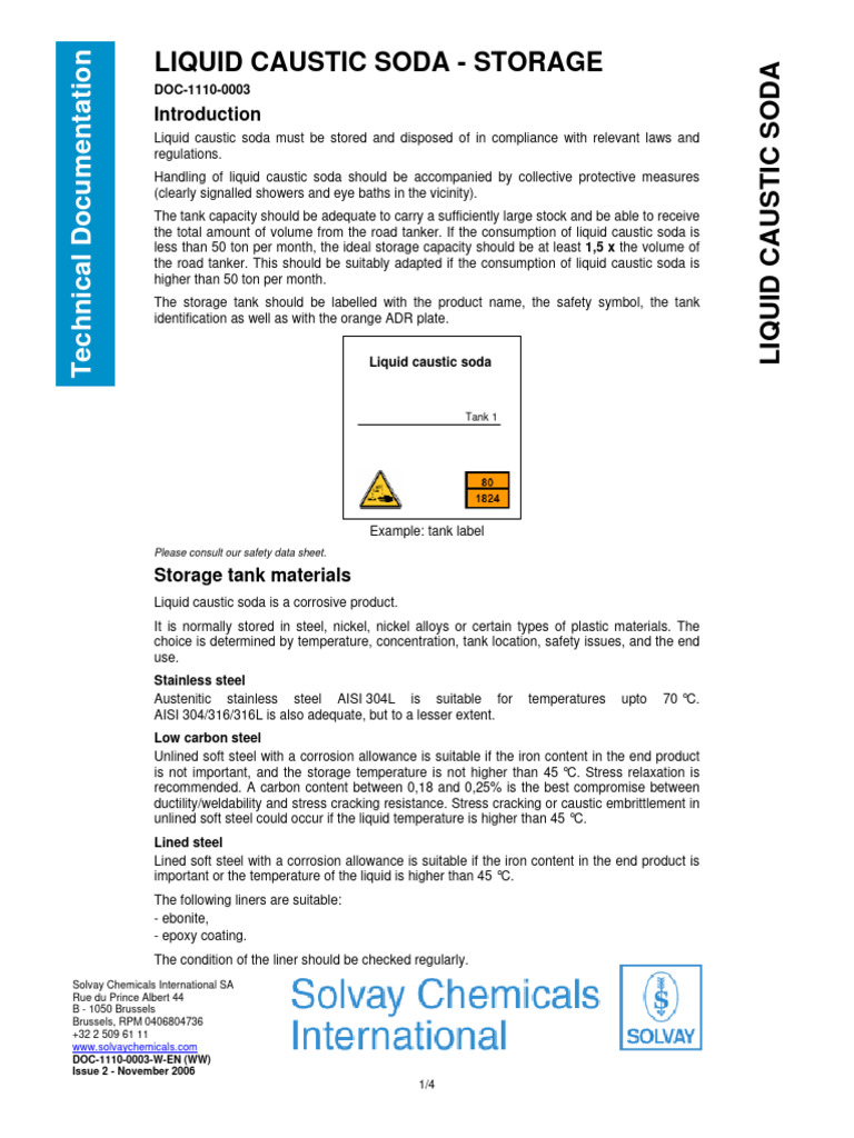 Liquid Caustic Soda - Storage: Tank 1 | PDF | Sodium Hydroxide | Pipe ...