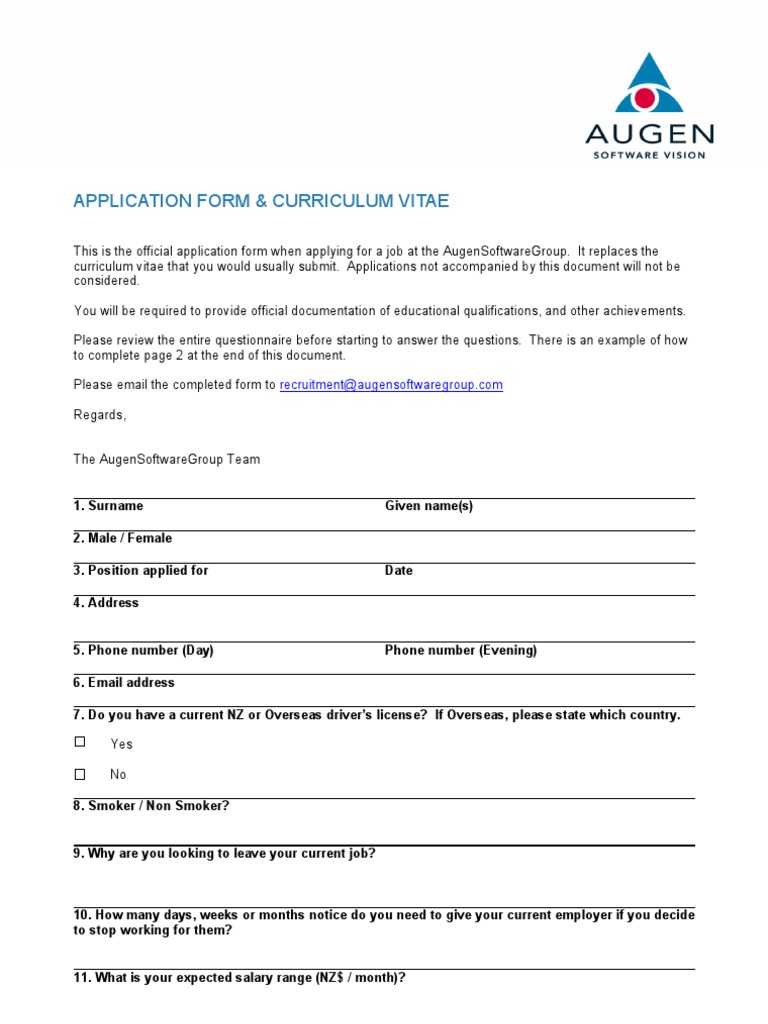 AugenSoftwareGroup Application Form | PDF | Résumé | Postgraduate Education