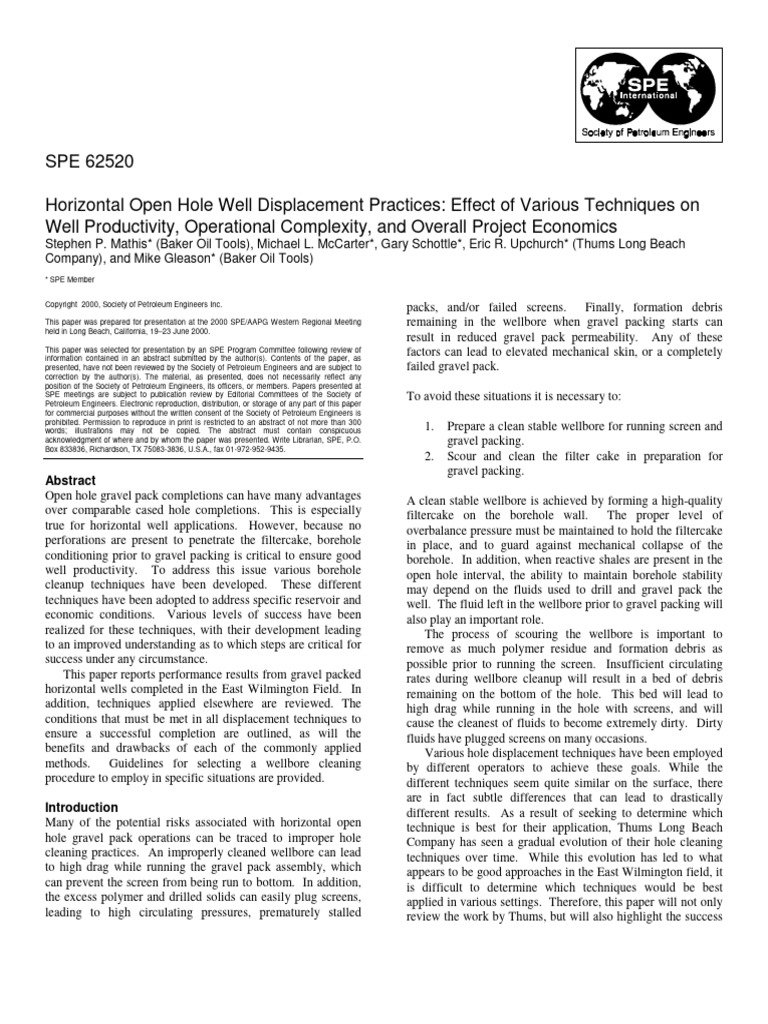 SPE 62520 (Hole Displacement) | PDF SPE 62520 (Hole Displacement) | PDF
