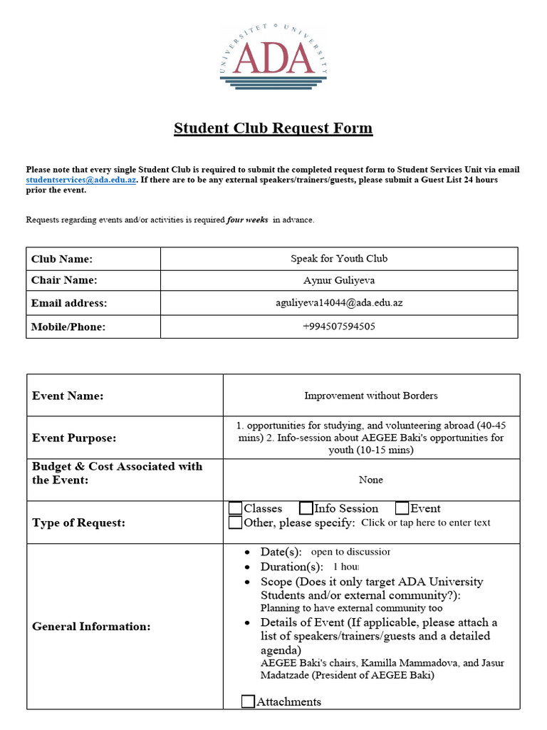 ADA University Student Club Request Form | PDF