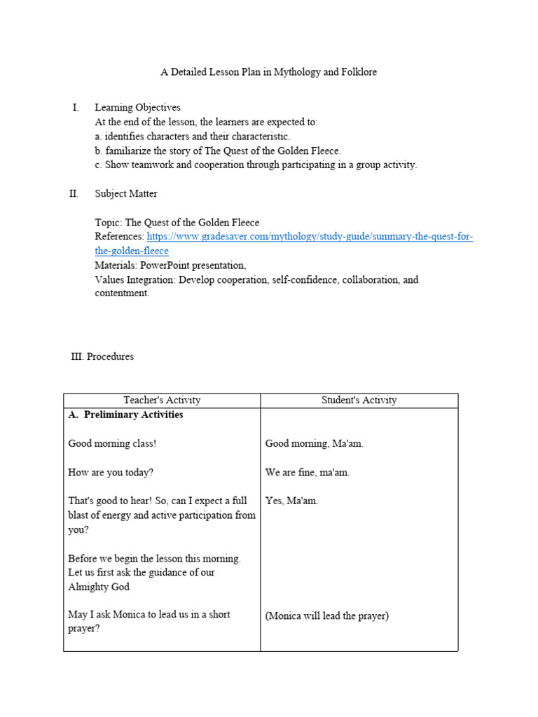 A Detailed Lesson Plan in Mythology and Folklore | PDF