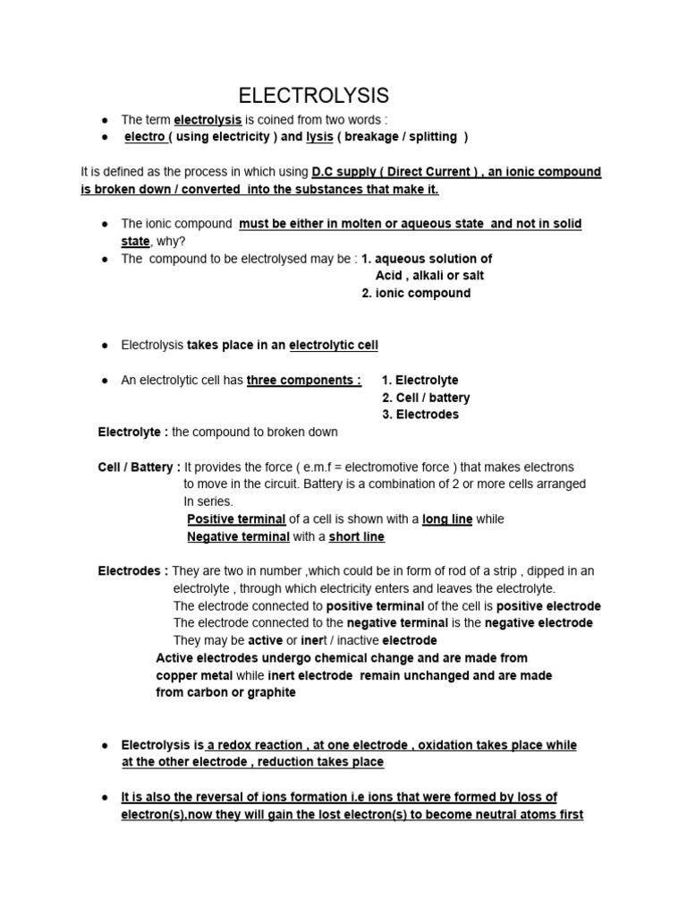 Notes On Electrolysis | PDF | Ion | Redox