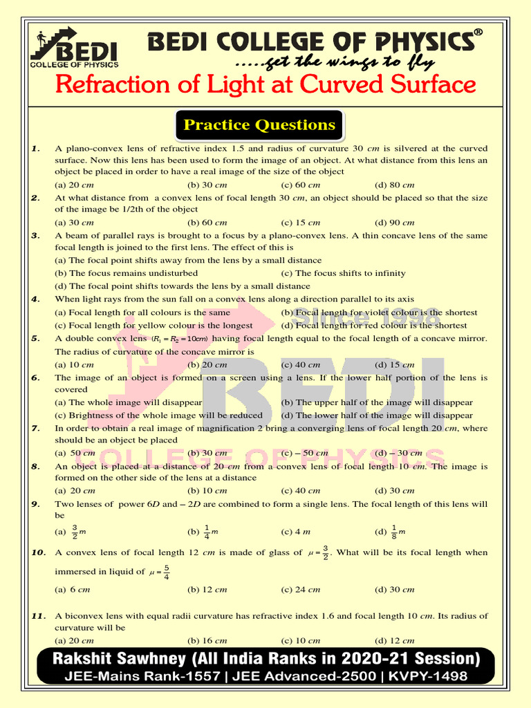 Class 10 Refraction Practice Questions | PDF | Optics | Electromagnetic ...