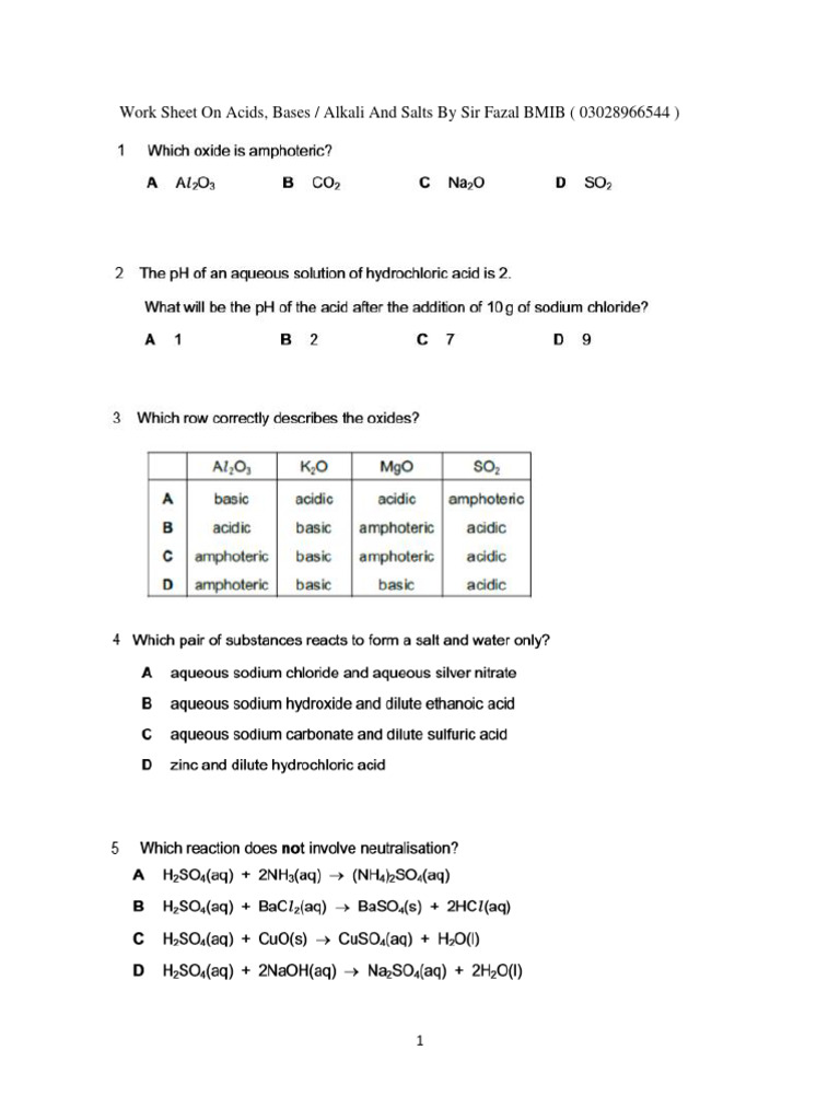 Work Sheet On Acids, Basesand Alkali | PDF