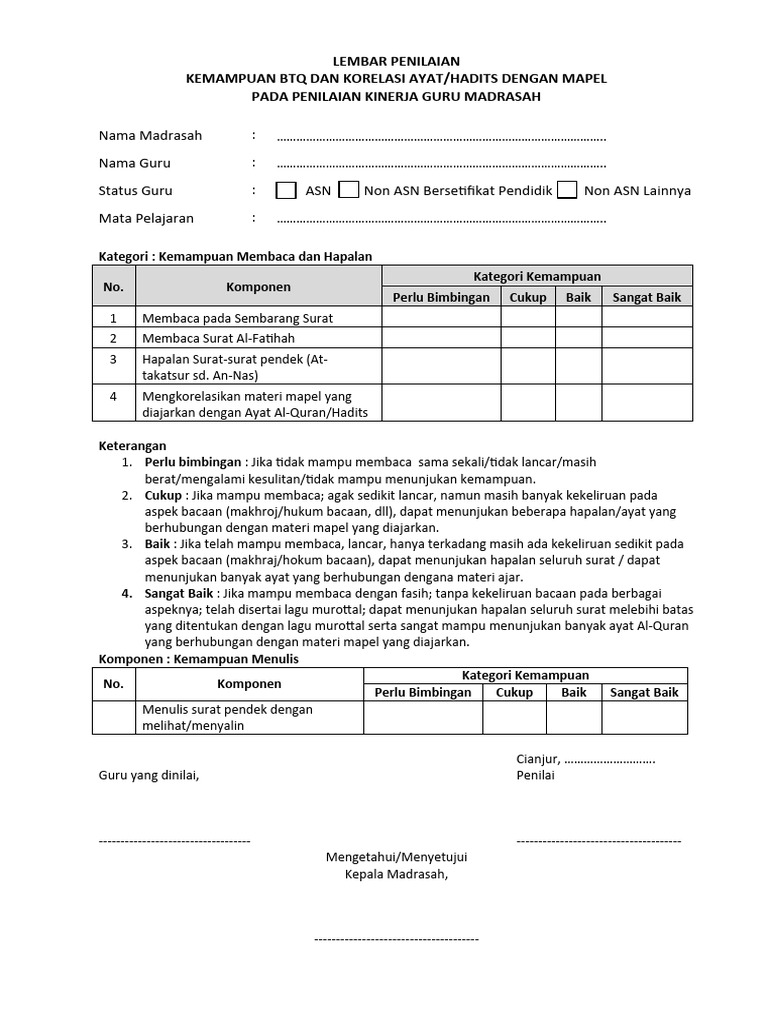 Lembar Penilaian BTQ | PDF