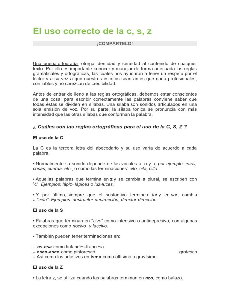 El Uso Correcto de La C, S, Z | PDF