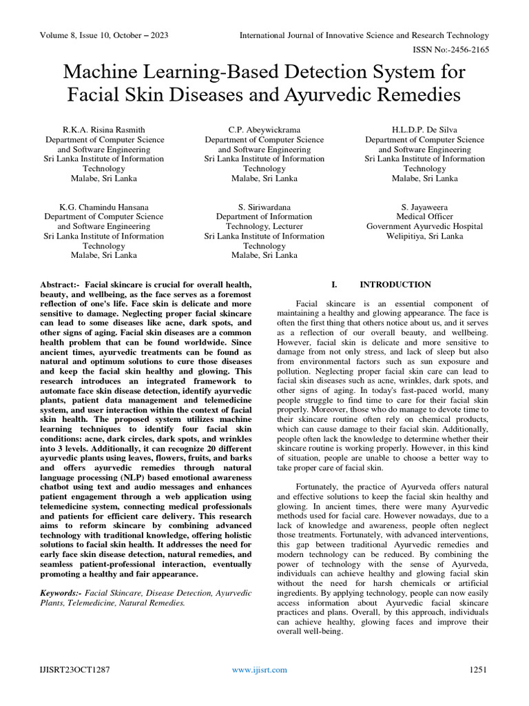 Machine Learning Based Detection System For Facial Skin Diseases And Ayurvedic Remedies Pdf