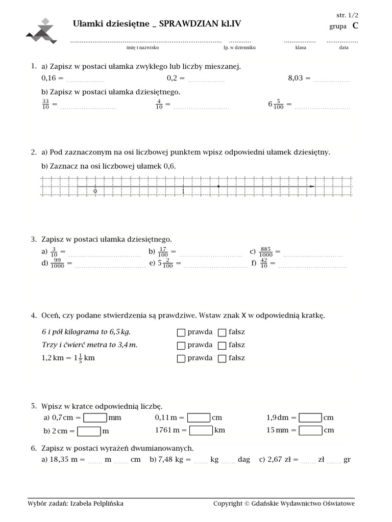 5-UÅ amki dziesiÄ tne_klasÃ³wka 4b_Zestaw zadaÅ | PDF