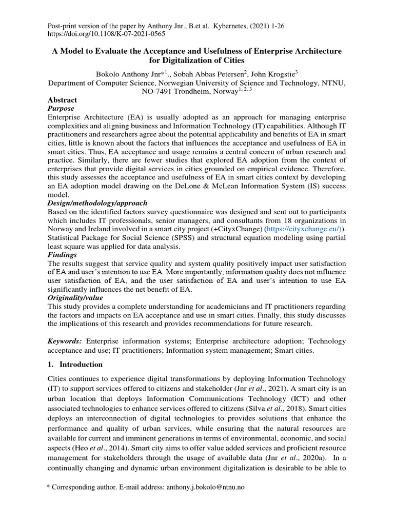 A Model to Evaluate the Acceptance and Usefulness of Enterprise Architecture Post print | PDF