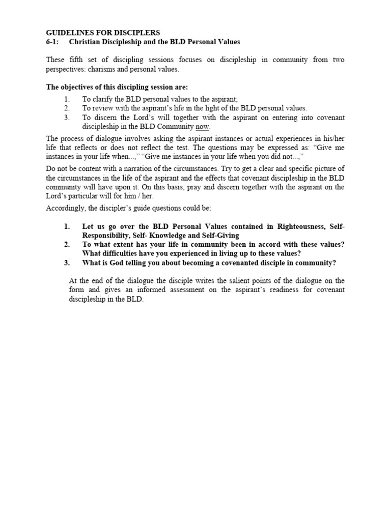 GUIDELINES For DISCIPLERS 6.1 Christian Discipleship and BLD Personal ...