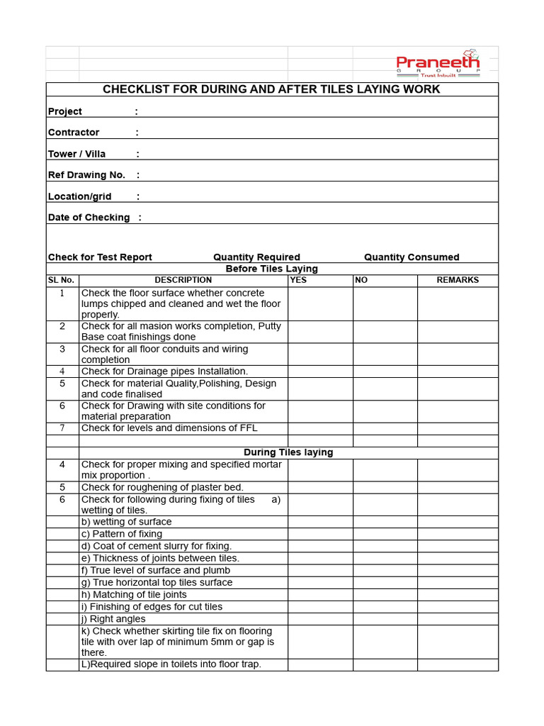 Tile Laying Work Checklist | PDF | Technology & Engineering
