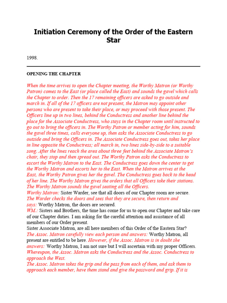 Initiation Ceremony of The Order of The Eastern Star | PDF | Esther ...