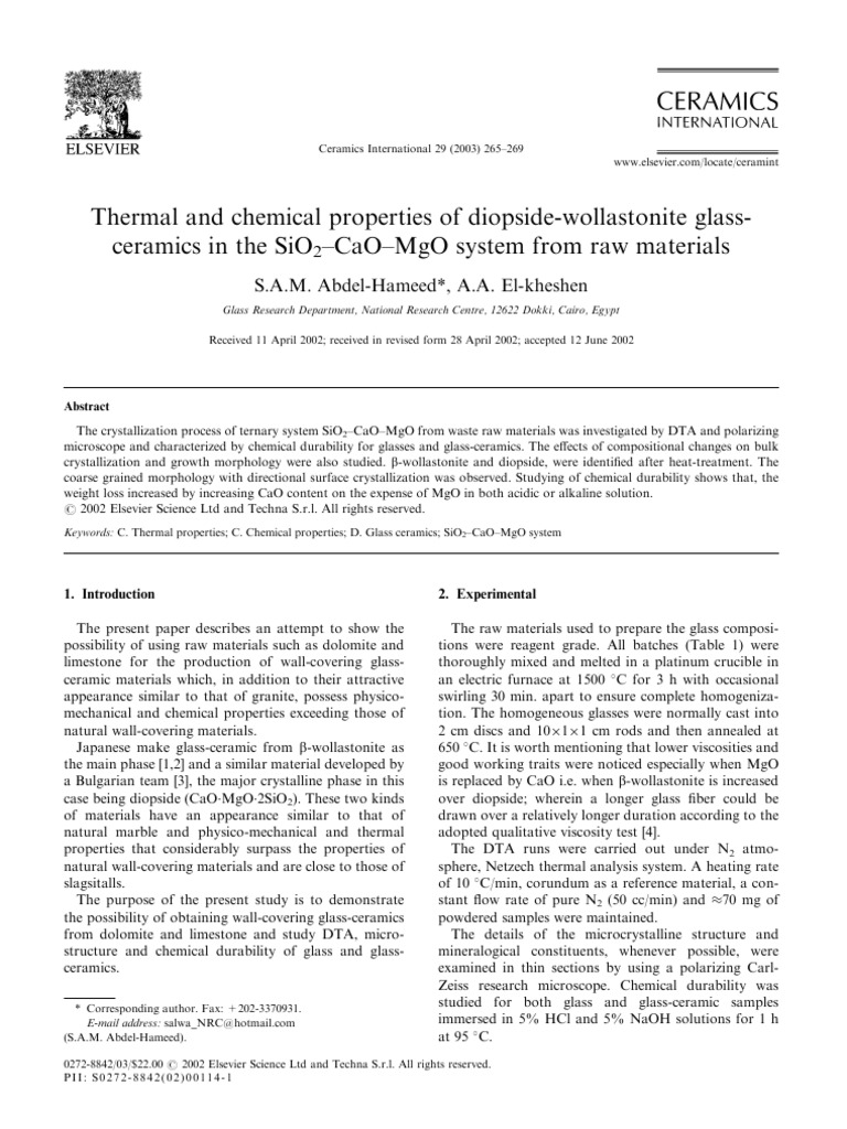 Thermal and Chemical Properties of Diopside-Wollastonite Glass Ceramics in The SiO2-CaO-MgO ...